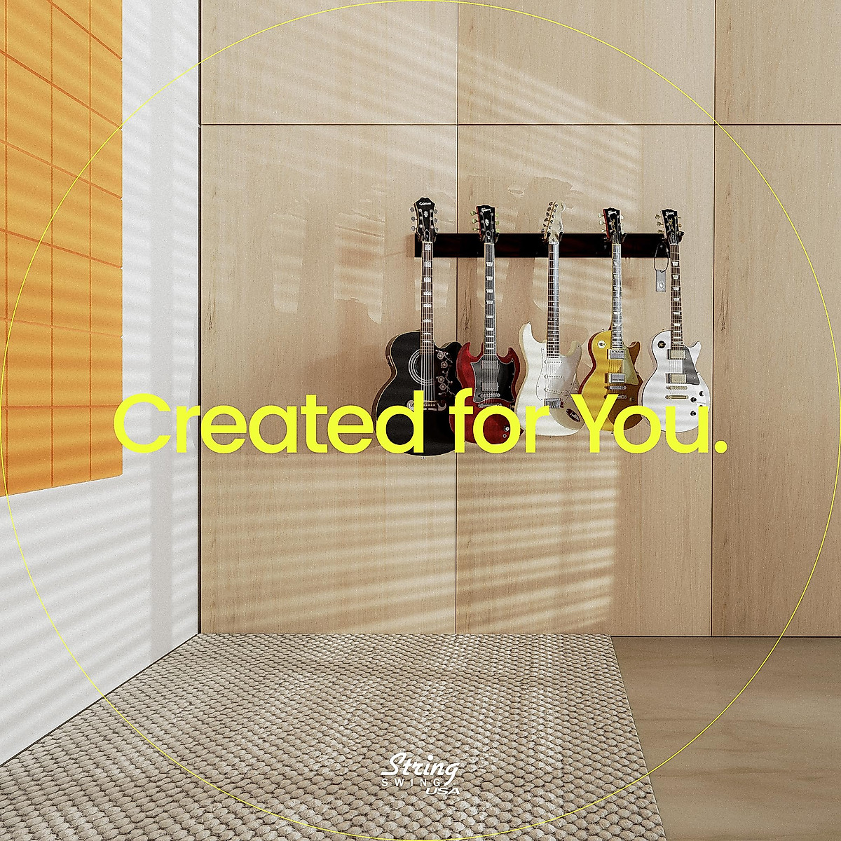 String Swing Guitar Wall Rack - Multiple Guitar Wall Mount - Guitar Organizer for Acoustic & Electric Guitars - 5 Padded Arm Hangers & Copper Slatwall Rail - Wall Mount Guitar Rack - MADE IN USA