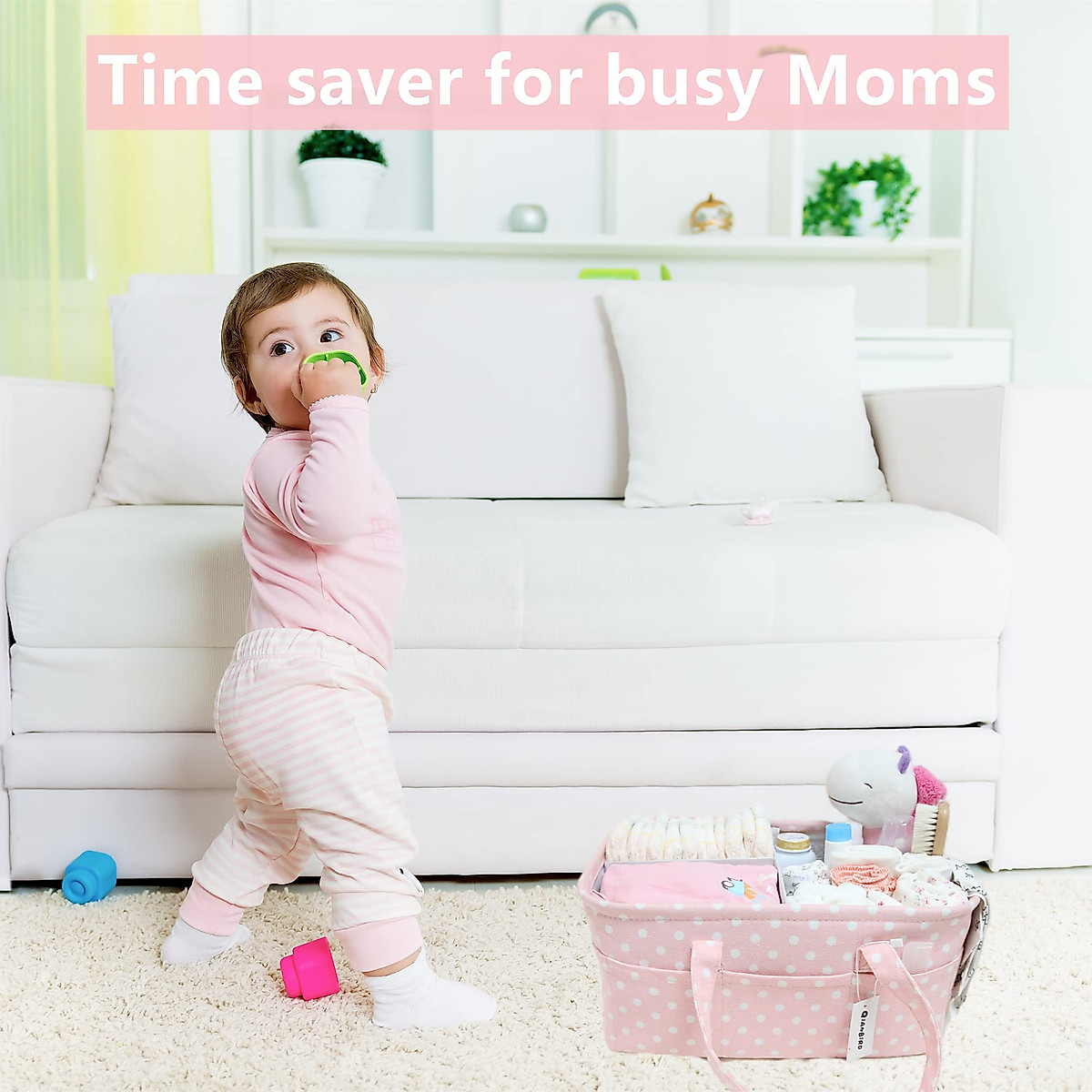 QiANBiRD Baby Diaper Caddy Organizer for Girl Pink Large Car Travel Diaper Caddy Organizer Storage Basket Portable Holder Tote Bag for Changing Table Registry Newborn Essentials Must Haves small dots