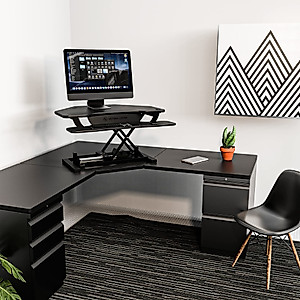 VERSADESK 36" Corner Standing Desk Converter, PowerPro Electric Height Adjustable Desk Riser for Standing or Sitting, Keyboard Tray, USB Charging Port, Holds 80 lbs, Black