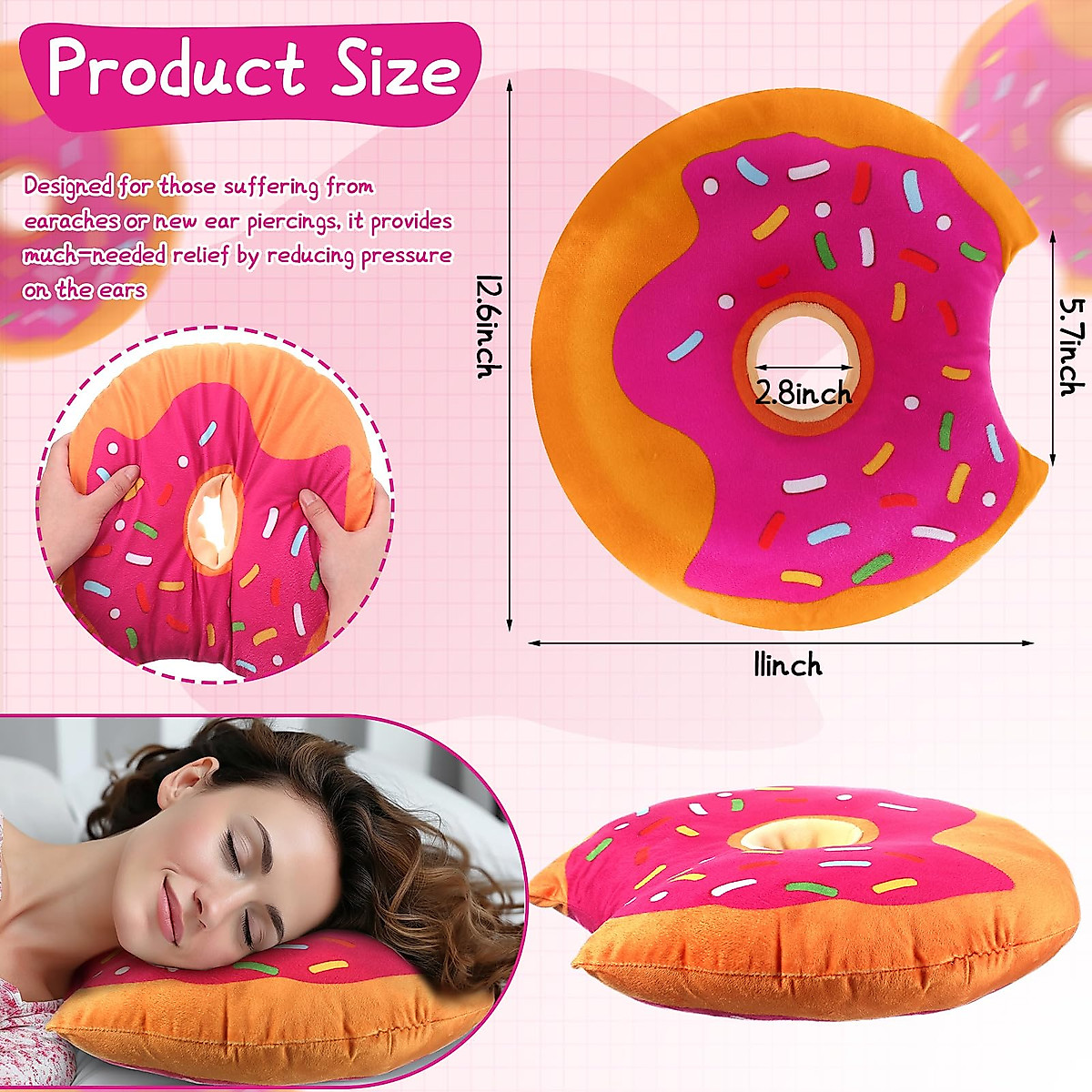 GlikCeil 1 Pack Donut Piercing Pillow for Ear Pain 12.6 Inch Ear Pillow for Side Sleeping Pink Donut Pillow for Ear with Sprinkles Doughnut Stuffed Cushion with Hole for Side Sleeper Chair Party Decor