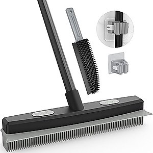Sunally Rubber Broom Pet Hair Remover, Fur Remover Broom with Squeegee for Fluff Carpet, Hardwood Floor, Tile, Window, Black Grey, Includes Portable Lint Remover Brush and Broom Holder