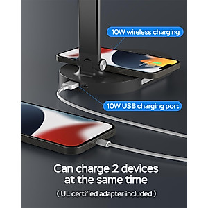 XREY LED Desk Lamp with Wireless Charger, USB Charging Port, Desk Lamp Touch Control Dimmable with 5 Color Modes & 5 Brightness, Eye Caring Desk Lamp, 2 Night Lights (Black)