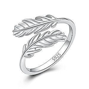 Hioed 925 Sterling Silver Feather Inspirational Jewelry Ring Adjustable Dainty Wrap Open Rings for Women