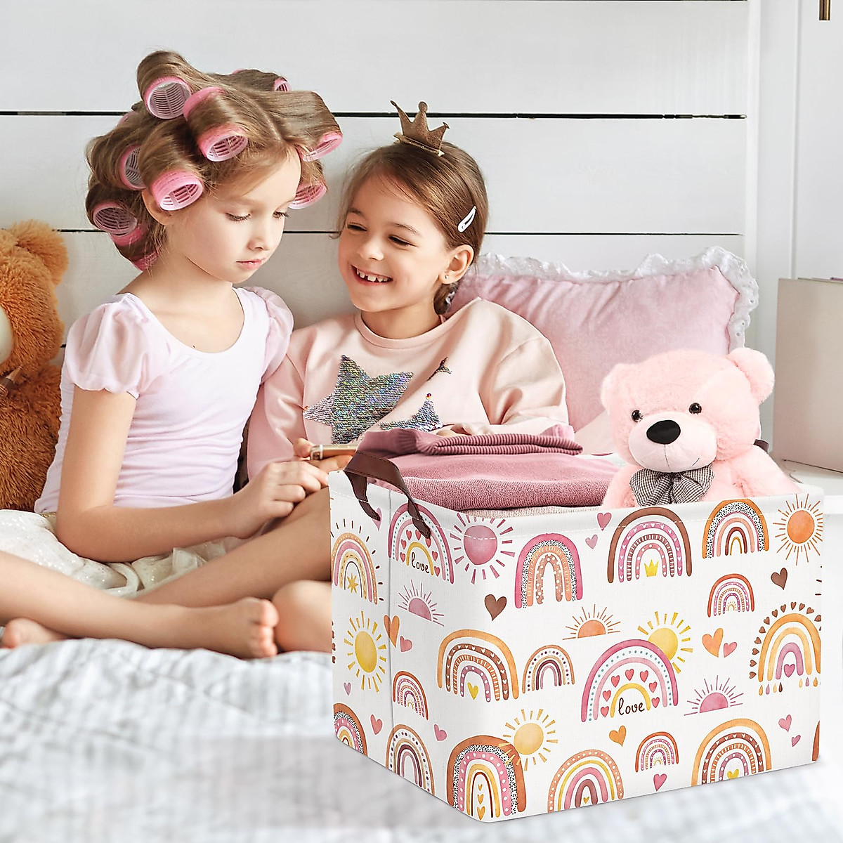 Clastyle Boho Pink Purple Rainbow Storage Baskets Rectangular Sun Heart White Shelf Basket with Handle Clothes Books Toys Storage Bin for Bedroom Kindergarten