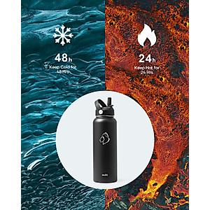 BUZIO Double Wall Stainless Steel Sports Wide Mouth Water Bottle, BPA-Free Flex Cap and Straw Lid, 40 Ounces & 32 Ounces Water Bottle