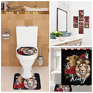 20Pcs Bathroom Sets Rose and Lion Shower Curtain Set with Non-Slip Rugs, Toilet Lid Cover and Bath Mat, 12 Resin Hooks, Bathroom Wall Sign Decor Set