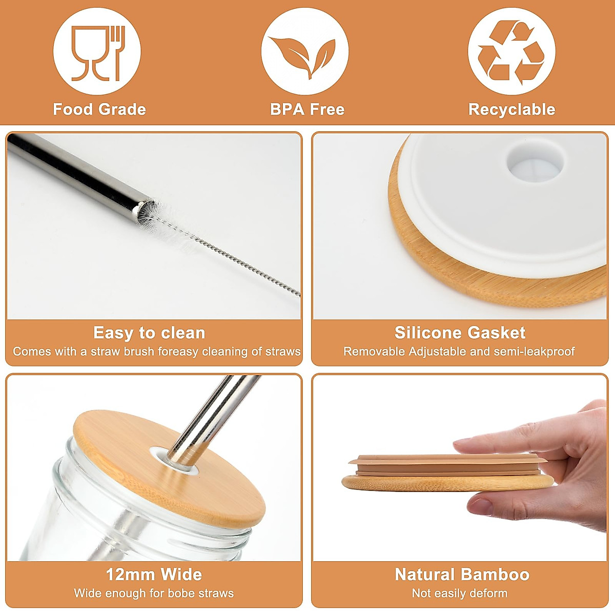 Cafezi Bamboo Lids Mason Jar Lids with Stainless Steel Straws,Reusable Lids with Straw Hole,2 Straws and 1 Straw Brush,Bamboo Mason Jar Lids for Wide and Regular Mouth Mason Jar