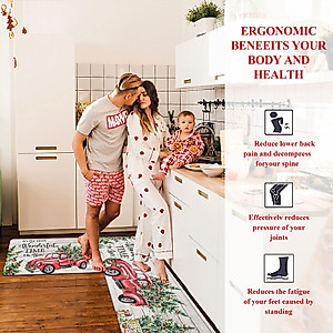 U'Artlines 2Pcs Christmas Anti Fatigue Kitchen Rugs and Mats, Red Truck Tree Non Slip Foam Cushioned Farmhouse Kitchen Floor Mats Comfort Standing Mats for Winter Home Decor