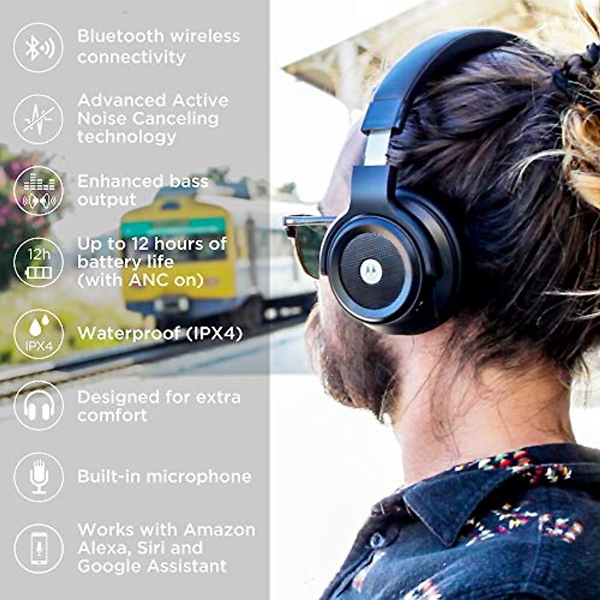 Motorola Escape 800 Wireless Active Noise Cancelling Headphones - ANC Bluetooth Headset with Mic, Soft Cushions - HD Sound, Deep Bass, 12-Hour Playtime, IPX4 Waterproof, Works with Voice Assistants