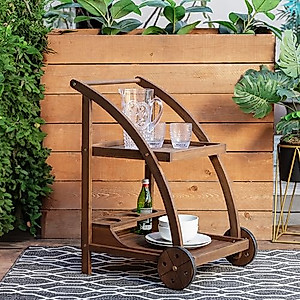 Linon Chandler Acorn Finished Acacia Wood Outdoor Bar Trolley with Three Bottle Glass Holders