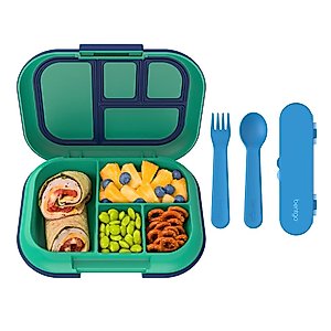 Bentgo® Kids Chill Lunch Box (Green/Navy) With Kids Reusable Plastic Utensils (Blue)