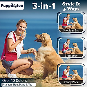 Puppington 3-in-1 Crossbody Bag & Dog Treat Pouch for Pet Training - Matching Poop Bags & Built-In Poop Bag Dispenser - Zippered Pockets - Dog Walking Bag for Office to Off-Leash (Ruby Red)