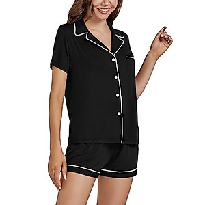 Umenlele Women's 2 Piece Pajama Set Short Sleeve Soft Sleepwear Button-Down Loungewear Black# Small