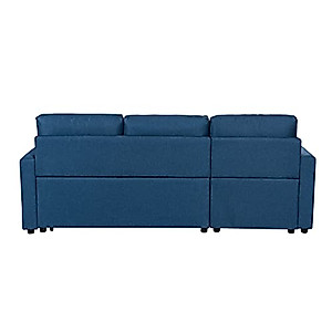 GLANZEND L-Shape Reversible Linen Sleeper Sectional Sofa with Storage Chaise, Corner Convertible Couch w/ 2 Throw Pillows for Living Room, Small Apartment, Dorm, Navy Blue, 57 Inch