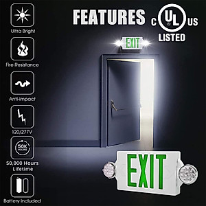 VTYXCTIGJ Green LED Exit Sign Emergency Lights with 2 Adjustable Head Lights, Green Letter Emergency Exit Light with Battery Backup for Restaurant, Commercial, Family Emergency, UL-Listed