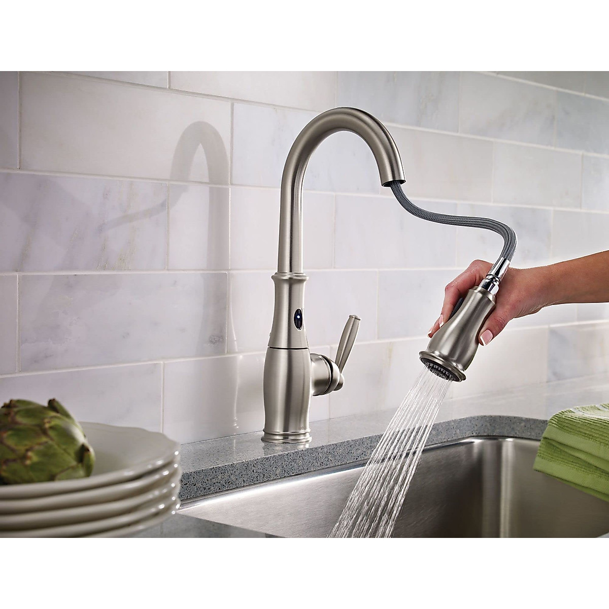 Moen Brantford Spot Resist Stainless Motionsense Two-Sensor Touchless One-Handle High Arc Pulldown Kitchen Faucet Featuring Reflex Docking System, 7185ESRS