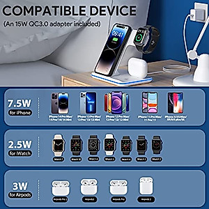 Wireless Charger, 3 in 1 Fast Charging Station for Apple Watch Series SE 8~2,AirPods,iPhone 14 13 12 11 Pro/X/Xr/Xs/8 Plus(with QC3.0 Adapter)