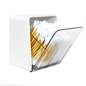 Obsoorth Qtip Holder with 2 Compartments, Clear qtip holder bathroom set, Bathroom Vanity Countertop Storage Organizer for Swab, Round Pads, Plastic Floss Pick Holder, White