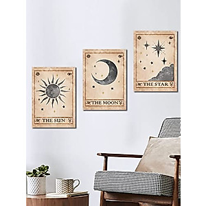 Tarot Canvas Prints Wall Art, Wiccan Art Wall Decor, Astrology Wall Decor, The Sun, Moon and Star Tarot Aesthetic Bohemian Wall Art, Celestial Canvas Prints, Mystical Home Decor, Astrology Posters Framed Ready to Hang