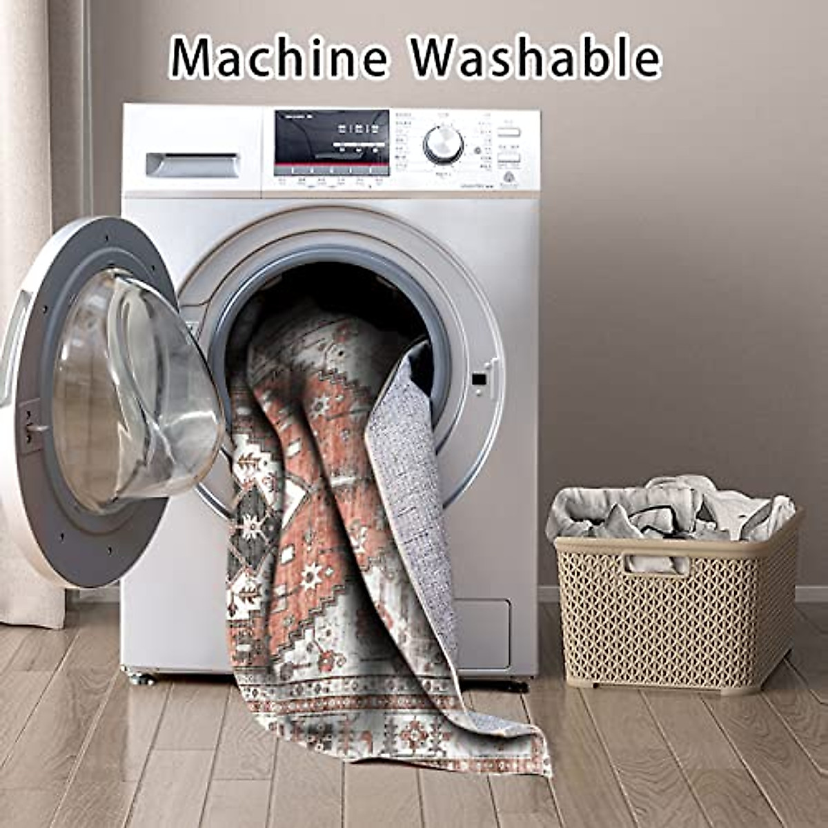 OIGAE Machine Washable Rug 5' x 7', Ultra-Thin Vintage Bohemian Medallion Area Rug, Stain Resistant Non-Slip Backing Rugs for Living Room Bedroom, Red