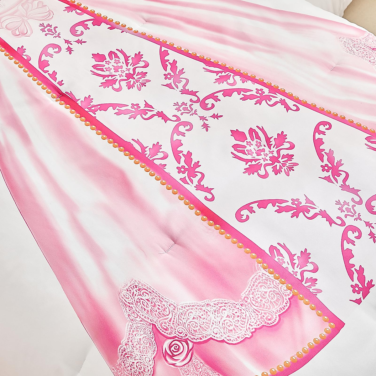 Girls Bed Comforter Set Twin Size 3PC Pink and White Princess Bedding Set with Cute Luxurious Dress Pattern on Comforter and Princess Crown Print on Pillow Shams