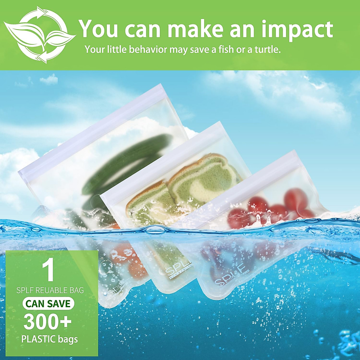 SPLF 12 Pack Dishwasher Safe Reusable Storage Bags (5 Sandwich Bags, 5 Snack Bags, 2 Gallon Bags), BPA Free Freezer Safe Leakproof Silicone and Plastic Free Lunch Bags Food Storage