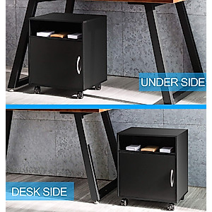 FITUEYES Printer Stand with Adjustable Storage Shelves, Mobile Black Wood Work Cart on Wheels, Rolling File Cabinet with Door for Home Office, PS404801WB