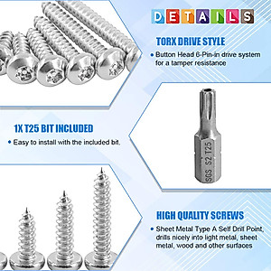 Glarks 211Pcs #10 x 1/2'' / 5/8'' / 3/4'' / 1" / 1-1/4'' / 1-1/2'' Button Head Torx Security Stainless Steel Screws, 6 Size Tamper Resistant Screws Assortment Set with T25 Bit