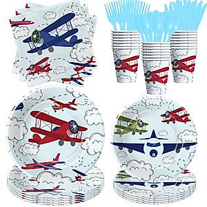 Suhelkit Airplane Party Decorations Tableware Boy - Disposable Airplane Birthday Party Supplies, Plate, Napkin, Cup, Cutlery, Aviation Theme Airplane Birthday Baby Shower Table Decorations | 24 Guests