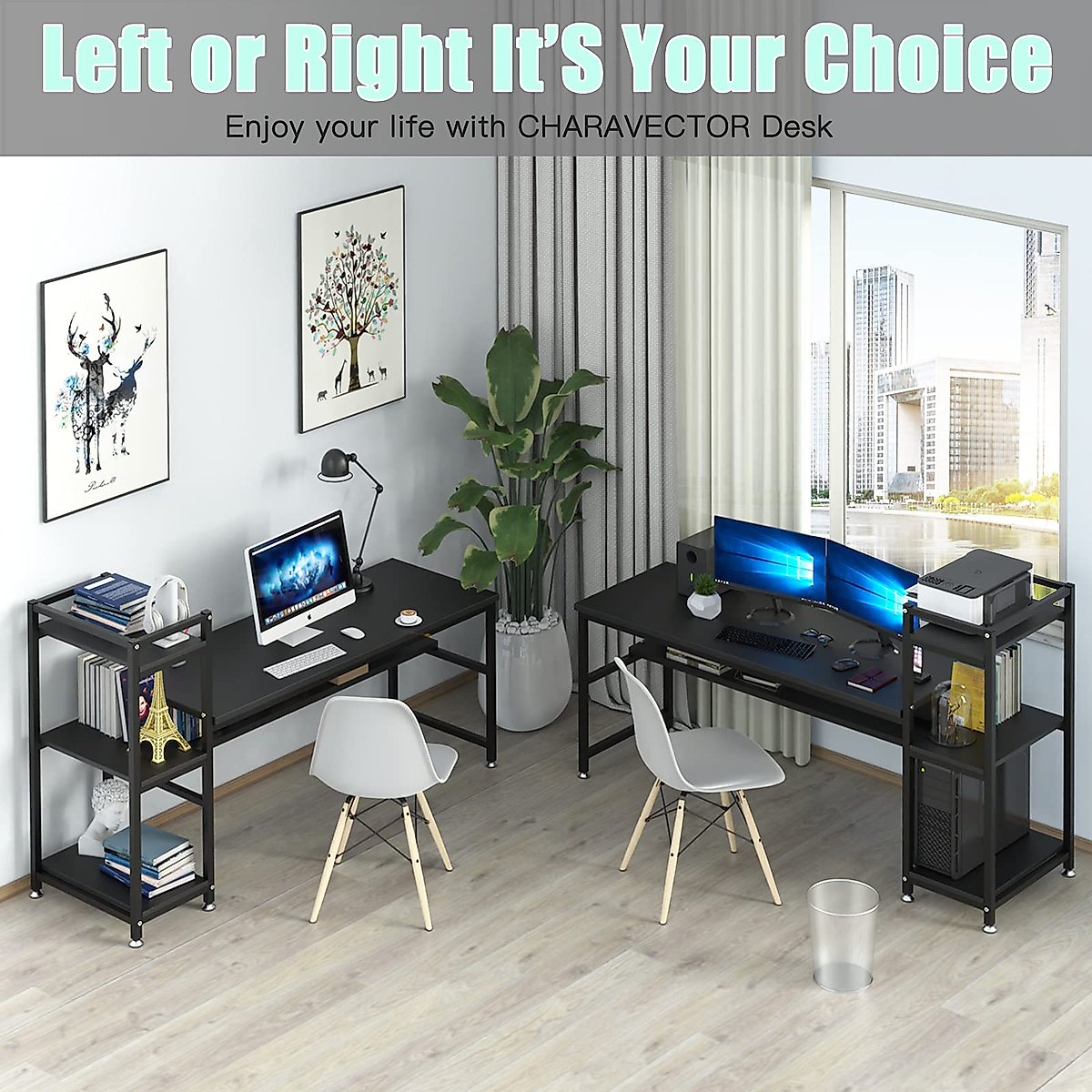 CharaVector Tower Computer Desk 60 inch with 4 Tier Storage Shelves ，Modern Writing Desk with Bookshelf PC Desk Study Writing Table for Home Office，Black