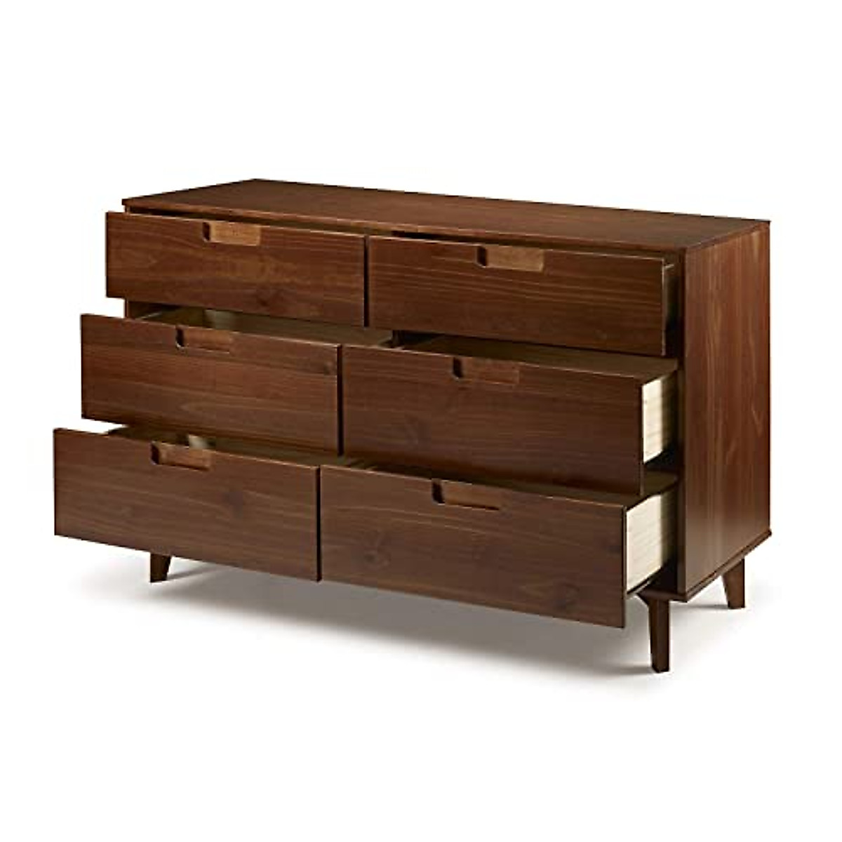 Walker Edison Mid Century Modern Grooved Handle Wood Dresser Bedroom Storage Drawer Organizer Closet Hallway, 6 Drawer, Walnut