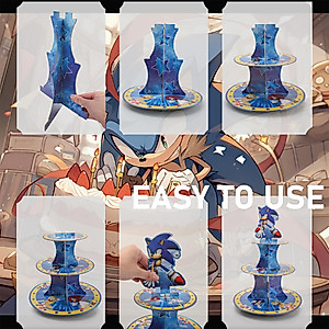 Cupcake Stand for Sonic Birthday Party Supplies with 12pcs Sonic Cake Toppers, Sonic Cupcake Holder for Birthday Decorations,3 Tier Cupcake Stand for 24 Cupcakes, Blue Dessert Stand for Kids Cake