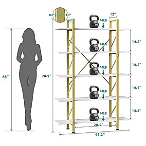YITAHOME 5-Tier Gold Bookshelf, Artsy Modern Freestanding 5 Shelf Bookcases and Bookshelves, Book Rack, Storage Rack Shelves in in Living Room Home Office, Gold & White