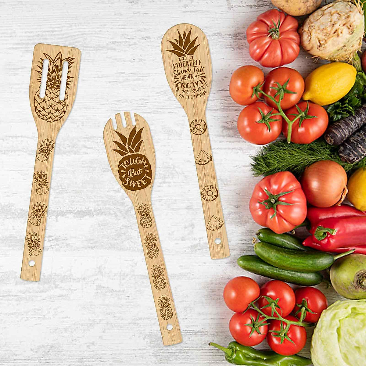 GLOBLELAND 6Pcs Pineapple Bamboo Cooking Utensils Wooden Engraved Cooking Spoons Set Carving Kitchen Bamboo Spatula Set Wood Cooking Spoon for Kitchen Fun House Warming Gift