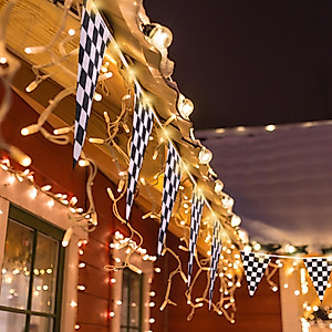 Aurelema Light up Black and White Checkered Flag Banner, 32.8 ft Racing Flags Plastic Race Flags Checkered Pennant Banner with 8 Light Modes for Nascar Race Themed Party Decorations Supplies