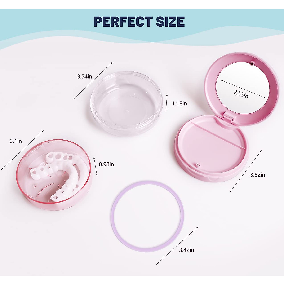 Uouovo Denture Bath Case, Definitely No-Leak, Complete Clean Care for Dentures, Clear Braces, Night Guard & Retainers, Retainer Case for Traveling, Denture Cup with Strainer & Mirror (Pink)