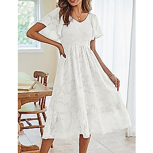 MEROKEETY Womens 2023 Summer V Neck Ruffle Sleeve Floral Dress Lace Flowy Smocked Midi Dresses,White,S