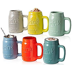 Mason Jar Mugs - Set of 6-15oz - Ceramic, Vibrant Colors - Great for Coffee, Tea, Cold/Hot Drinks, Indoor/Outdoor Parties - Farmhouse Décor