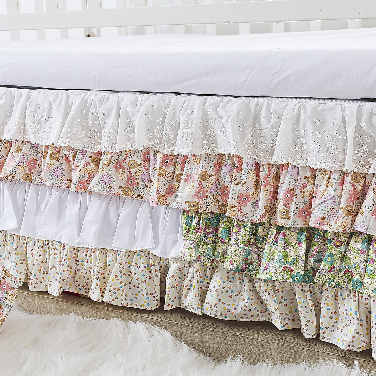 Brandream Luxury Girls Nursery Bedding Farmhouse Floral Crib Bedding Patchwork Baby Blanket Set, 4 Piece Cotton Layered Ruffle Set Pink White Green