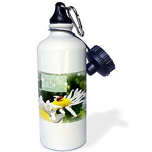 3dRose "Beautiful Moments Ladybug and Daisy Flowers Inspirational" Sports Water Bottle, 21 oz, White