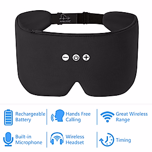 ALASKA BEAR Sleep Headphone Headband Bluetooth 5.2 HD Stereo Noise Reduction Eye Contour Built-in Mask w/Thin Speakers Wireless Audio Sports Headgear (Black Ⅰ)