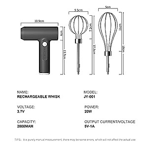 JOYKI Cordless Handheld Electric Mixer, USB Rechargeable Handheld Whisk, 3 speeds, for whisking and mixing cookies, cakes, batters, egg whites and soups, black