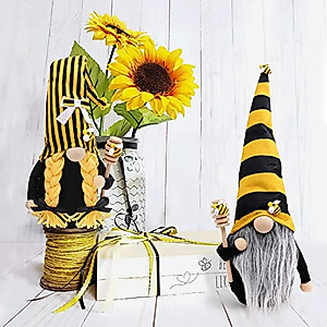 CiyvoLyeen Bumble Bee Striped Gnomes Scandinavian Tomte Nisse Swedish Honey Bee Elf Home Farmhouse Kitchen Decor Bee Shelf Sitter Tiered Tray Display, Set of 2