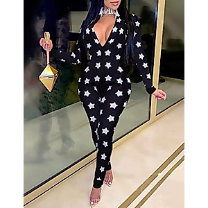 Ekouaer Christmas Onesie Women Sexy Pajamas Zipper Halloween One Piece Bodycon Outfit Jumpsuit Costume Star Print XXL