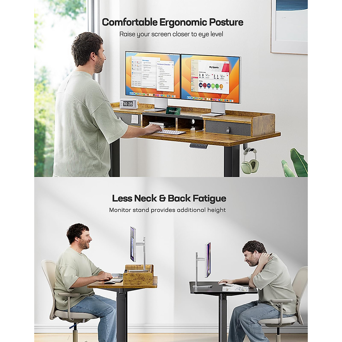 Marsail Electric Standing Desk with Dual Drawers, 55 x 24 Inches Height Adjustable Desk with Storage Shelf, Sit Stand Desk with 4 Memory Preset, 2 Hooks, Stand Up Desk for Home Office, Rustic Brown