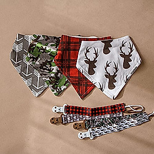 Stadela 100% Cotton Baby Bandana Drool Bibs for Drooling and Teething Nursery Burp Cloths 4 Pack Gift Set for Boys Hunting Adventure with Deer Antler Arrows Plaid Woodland Forest Animal