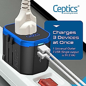 Ceptics Universal Adapter - World Power Charger Wall Charger 2 USB Type I C G A Outlets All in One 110V 220V A/C - Works in Europe, Asia, Australia, China, Africa (UP-8KU-BLK)