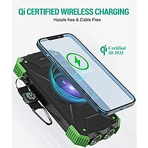 BLAVOR Solar Charger Power Bank, Qi Wireless Charger 10,000mAh External Battery Pack Type C Input Output Dual Super Bright Flashlight, Compass Carabiner, Solar Panel Charging(Dark Green)