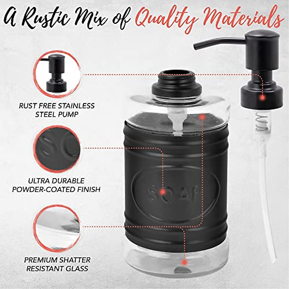 Autumn Alley Modern Farmhouse Glass and Black Bathroom Accessories Set (4 PCS) - Lotion Soap Dispenser, Toothbrush Holder, 2 Apothecary Jars (Qtip Holder) - Rustic Farmhouse Bathroom Decor