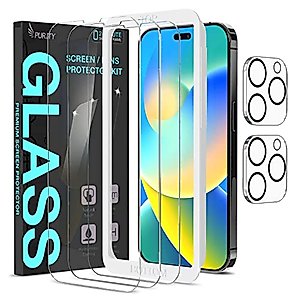 Purity (3+2 Pack Designed for iPhone 14 Pro 2022, 3 Pack Screen Protector + 2 Pack Camera Lens Protector [Tempered Glass], Slim Case Compatible Premium HD 9H 6.1 Inch Film Protection